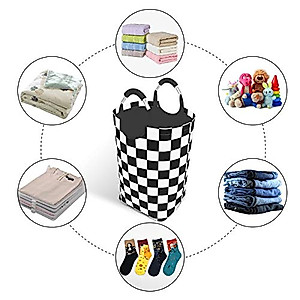 feilicase Collapsible Black White Checkered Checker Storage Bin Hamper Laundry Basket, Foldable Dirty Clothes Bag with Handles Home Bedroom Office Toys Books Organizer