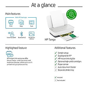 HP Tango Smart Wireless Printer – Mobile Remote Print, Scan, Copy, HP Instant Ink, Works with Alexa(2RY54A),White