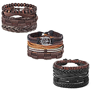 HANPABUM 18pcs Braided Leather Bracelets for Men Women Woven Cuff Wrap Bracelet Wood Beads Ethnic Tribal Bracelets Adjustable