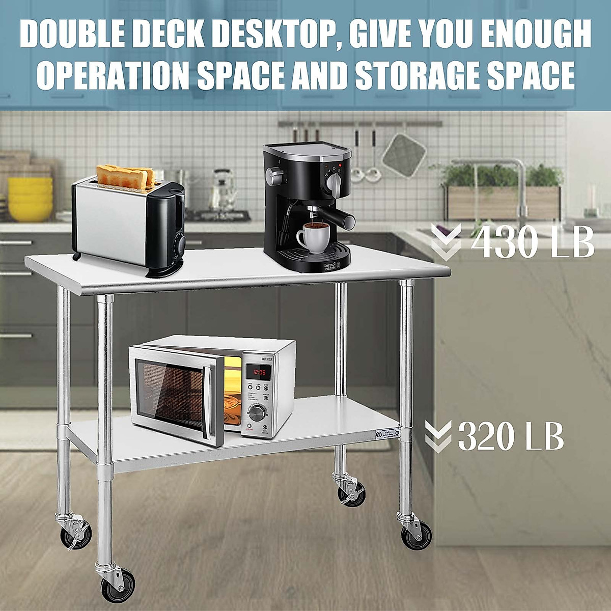 HALLY Stainless Steel Table for Prep & Work 24 x 48 Inches with Caster Wheels, NSF Commercial Heavy Duty Table with Undershelf and Galvanized Legs for Restaurant, Home and Hotel