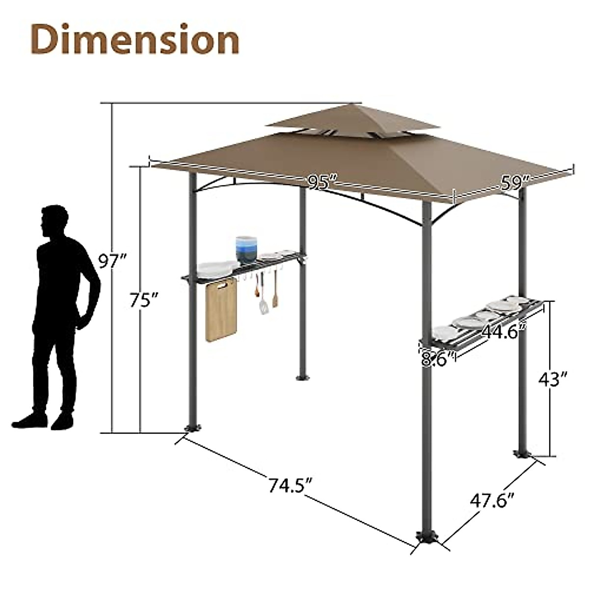 Outdoor Canopy Tent - 8 x 5 FT Grill Gazebo with Air Vent - BBQ Grill Party Tent with Shelves - Patio Canopy Tent - Double Tiered Soft Top and Rustproof Steel Frame - Hooks and Bottle Opener - Khaki