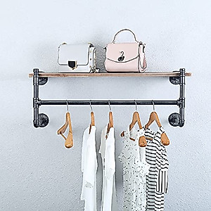 JIANZHUO Industrial Pipe Clothing Rack Wall Mounted with Real Wood Shelf,Rustic Retail Garment Rack Display Rack Cloths Rack,Pipe Shelving Floating Shelves Wall Shelf,36in Commercial Clothes Racks