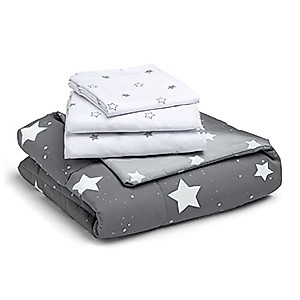 Delta Children 4 Piece Toddler Bedding Set for Boys - Reversible 2-in-1 Comforter - Includes Fitted Comforter to Keep Little Ones Snug, Bottom Sheet, Top Sheet, Pillow Case - Dusty Skies, Grey Stars