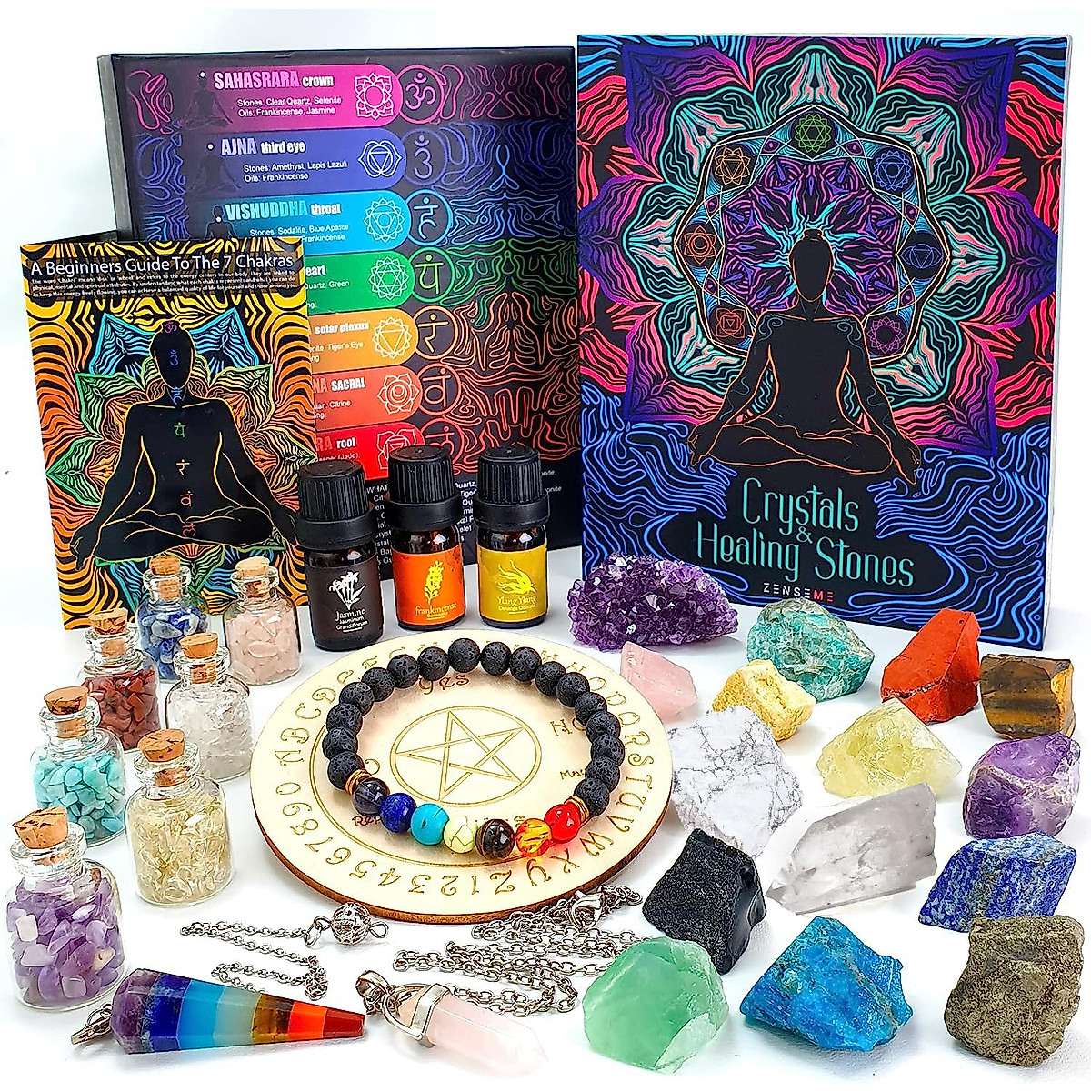 Crystals and Healing Stones Set 31Pcs - Healing Crystals & Stones - 14 Real Raw Chakra Rocks, 7 Gemstones Bottles, 3 Essential Oils,Pendant Necklace, Pendulum Board, Amethyst Cluster, Bracelet & Guide