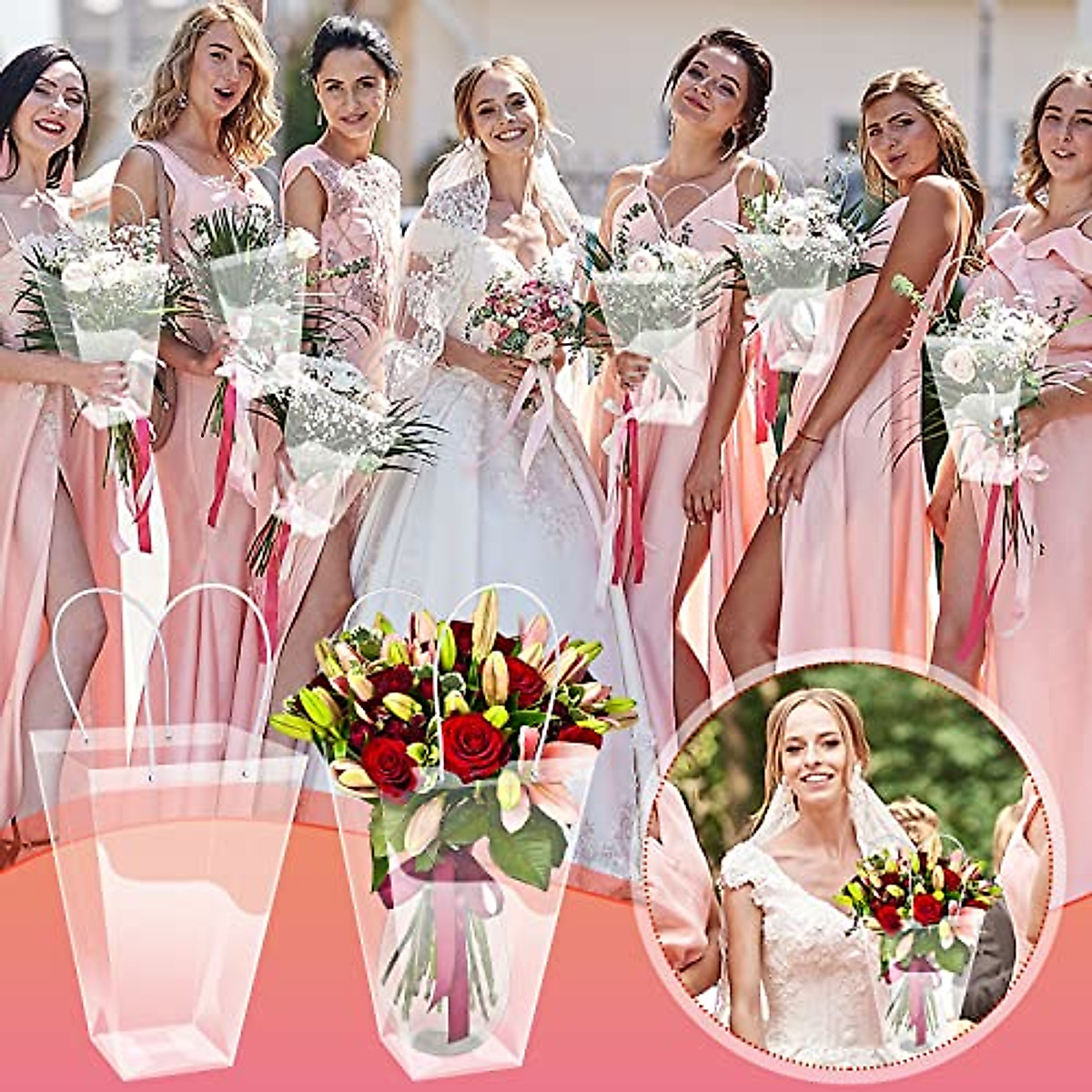 12 Pcs Clear Flower Bouquet Bag with Handle Large Transparent Florist Retail Shop Packaging Plastic Gift Bags for Birthday Christmas Valentine Mother's Father's Day Wedding, 11.4 x 5.9 x 16.7 Inch