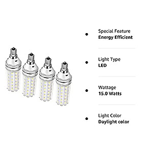 E12 Led Bulb 150 Watt Equivalent, 15W Led Candelabra Watt Light Bulbs 1500Lm Daylight White 6000k Led Chandelier Bulbs, Decorative Candle Base Non-Dimmable 4 Packs (Daylight White)