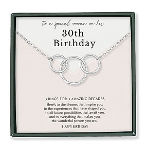 30th Birthday Gift for Women 3 Rings 3 Decade Necklace Meaningful Jewelry for Mom Wife Daughter Sister Best Friend Unique Happy Birthday Card Box Ideas Turning 30-Year-Old Sterling Silver / Gold