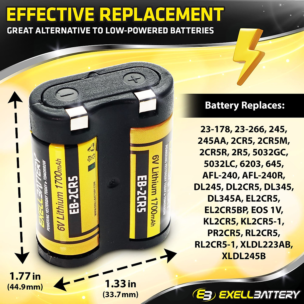 Exell Battery 2CR5 245 6V Photo Lithium Cell Replaces 2CR5 DL245 EL2CR5 2CR5M