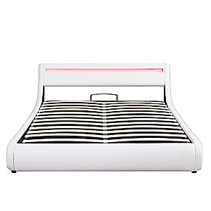 TARTOP Upholstered Faux Leather Platform Bed with a Hydraulic Storage System with LED Light Headboard Bed Frame with Slatted Queen Size,No Box Spring Needed,White