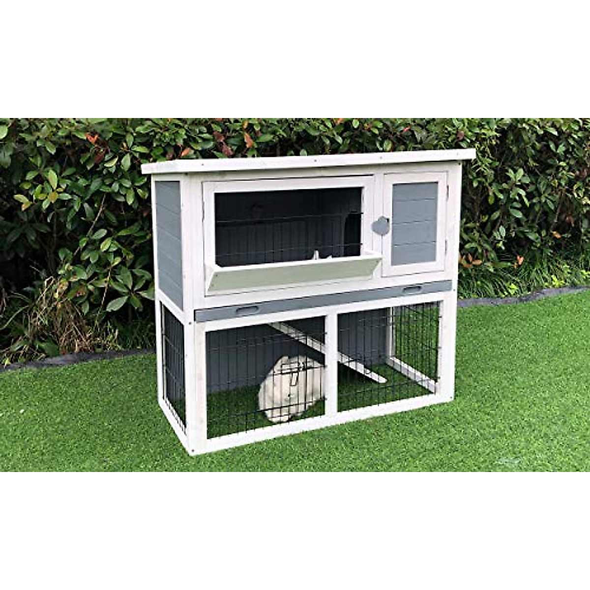 Hanover Outdoor Wooden 2-Story Rabbit Hutch with Ramp, Wire Mesh Run, Cage, Waterproof Roof, Removable Tray - HANRH0103-GRY