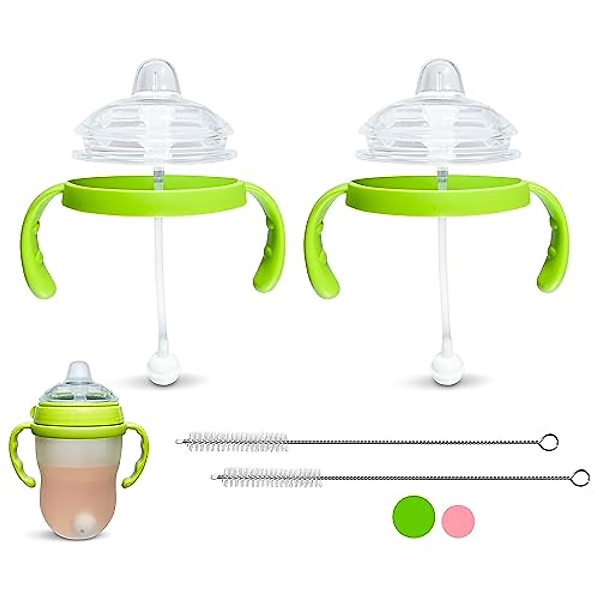 Sippy Cup Conversion Kit for Comotomo Baby Bottles | 2-Count | with Soft Silicone Sippy Spout Nipples, Weighted Any Angle Straw Ball, Bottle Handles and Straw Cleaning Brush (Sippy Spout, Green)