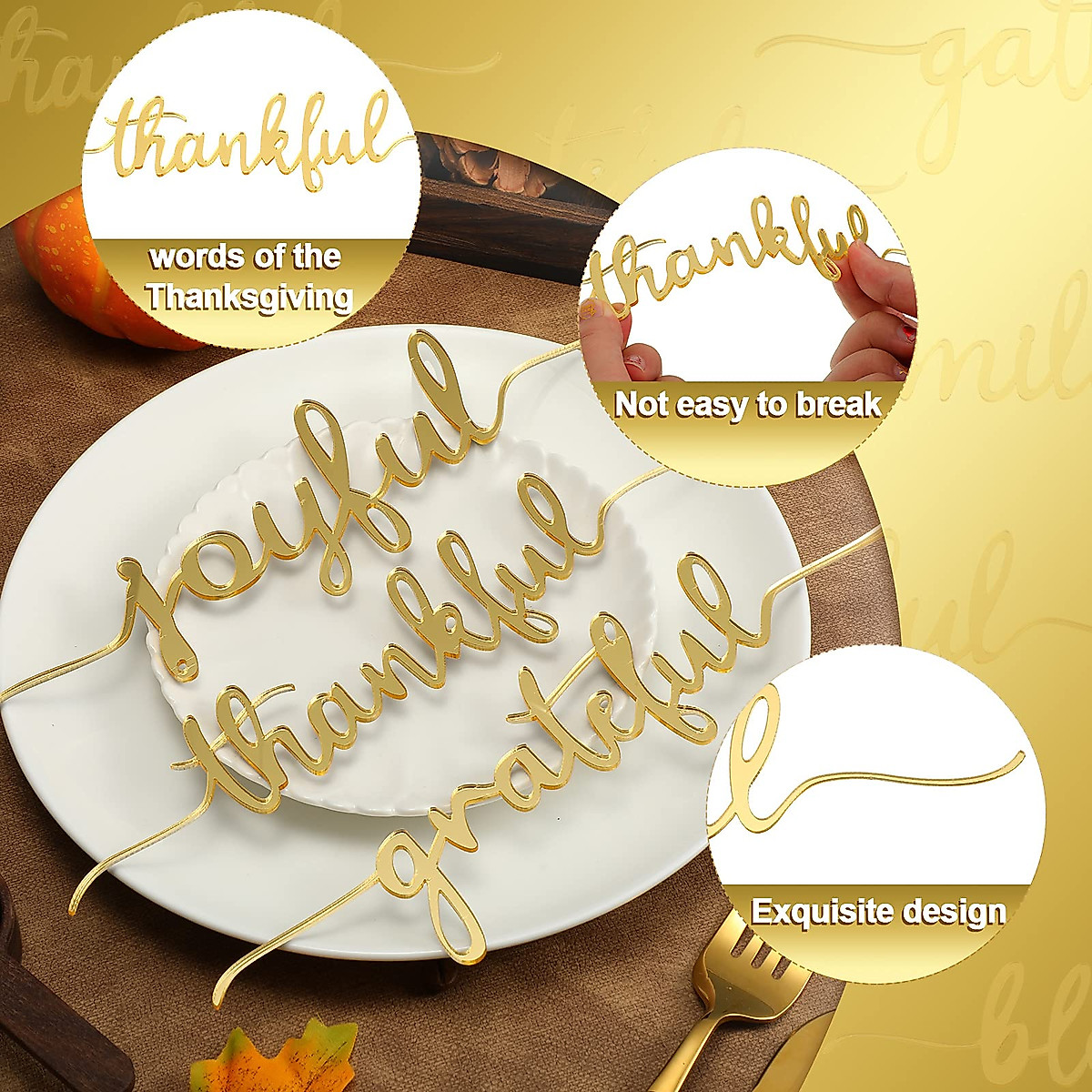 Marsui 12 Pieces Thanksgiving Acrylic Cutouts 6 Patterns Thankful Plate Sign Place Cutouts Grateful Blessed Gather Fall Plate Decors for Thanksgiving Table Decor Home Party(Vivid Style,Gold)