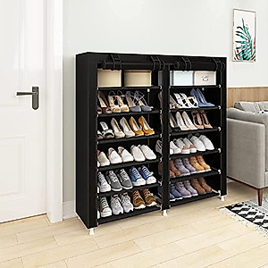 UDEAR Portable Wardrobe Shoe Rack Bundle,Closet Clothes Organizer with 6 Storage Shelves, 2 Hanging Sections and 4 Side Pockets,6-Tier Portable Free Standing Shoe Organizer,with Dustproof Cover,Black