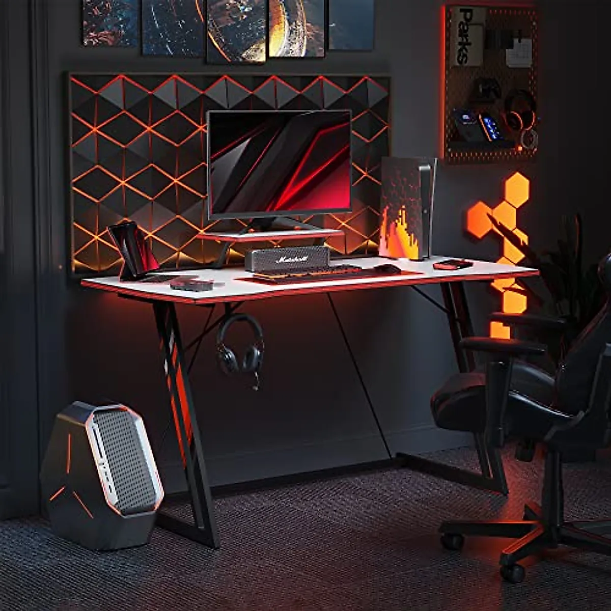 CubiCubi Gaming Desk 47 inch PC Computer Desk, Home Office Desk Gaming Table Z Shaped Gamer Workstation and Headphone Hook, White