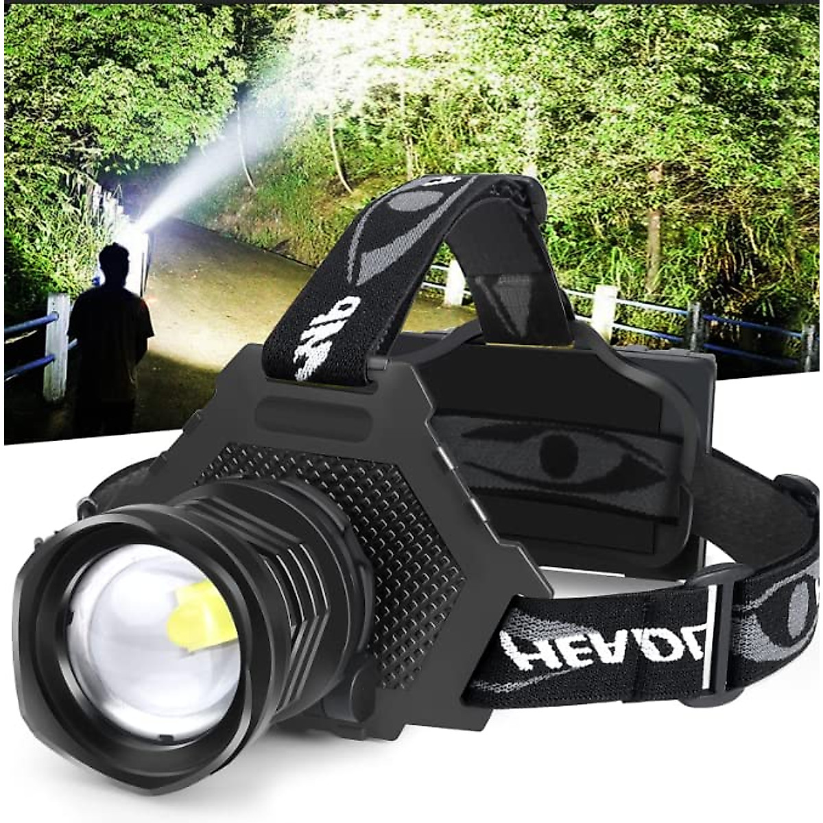 Bud K LED Headlamp USB Rechargeable, Head Lamp XHP70 Super Bright 90000 High Lumen with 5 Modes, Batteries Included, Zoomable, Waterproof Headlight for Camping Hunting Running Fishing Biking