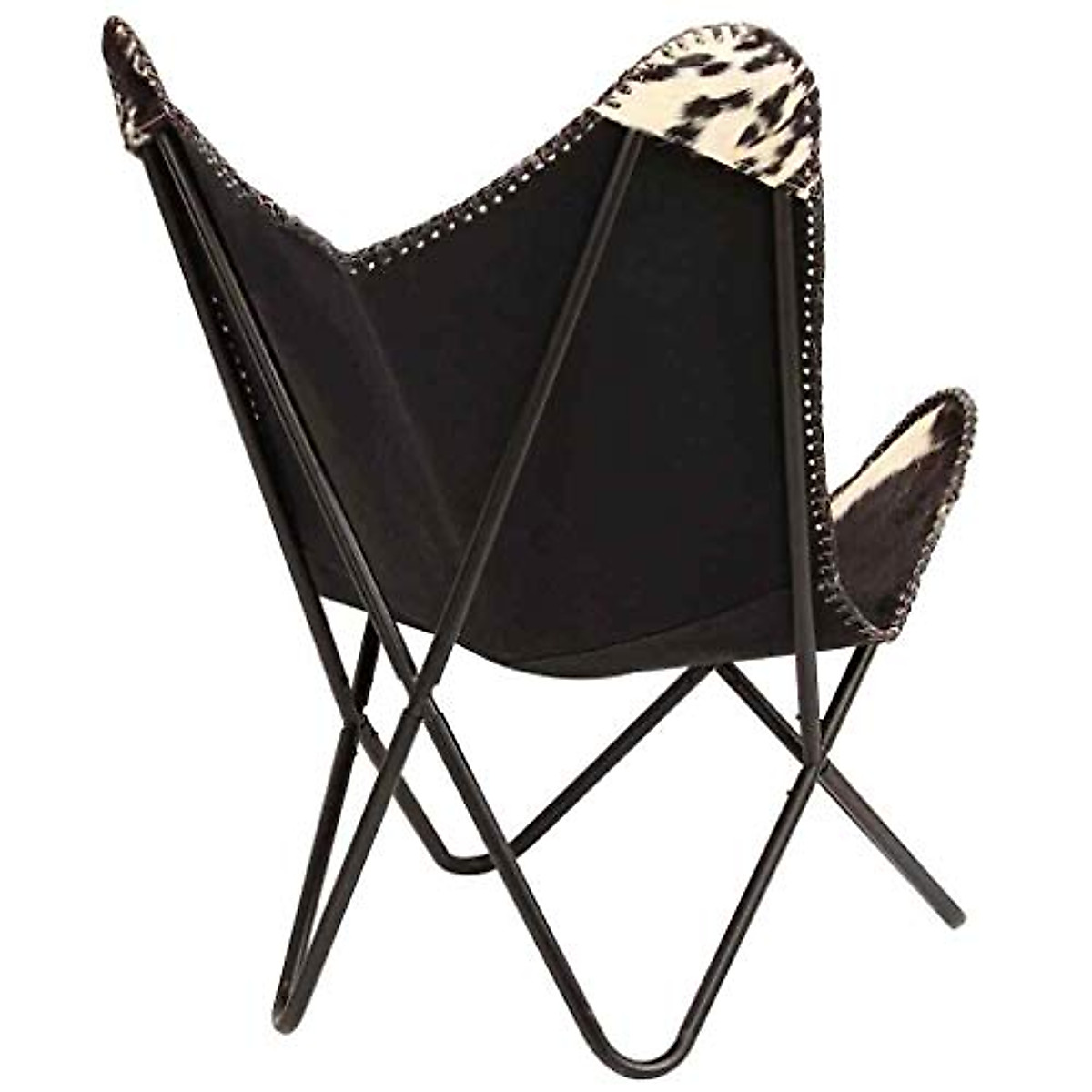Home Decor Genuine Goat Leather Butterfly Arm Chair with Black/Brown White Hair on Cover (Black and White with Black Frame)