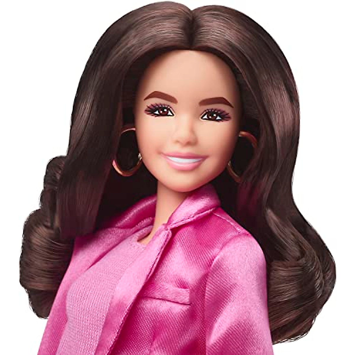 Barbie The Movie Doll, Gloria Collectible Wearing Three-Piece Pink Power Pantsuit with Strappy Heels and Golden Earrings