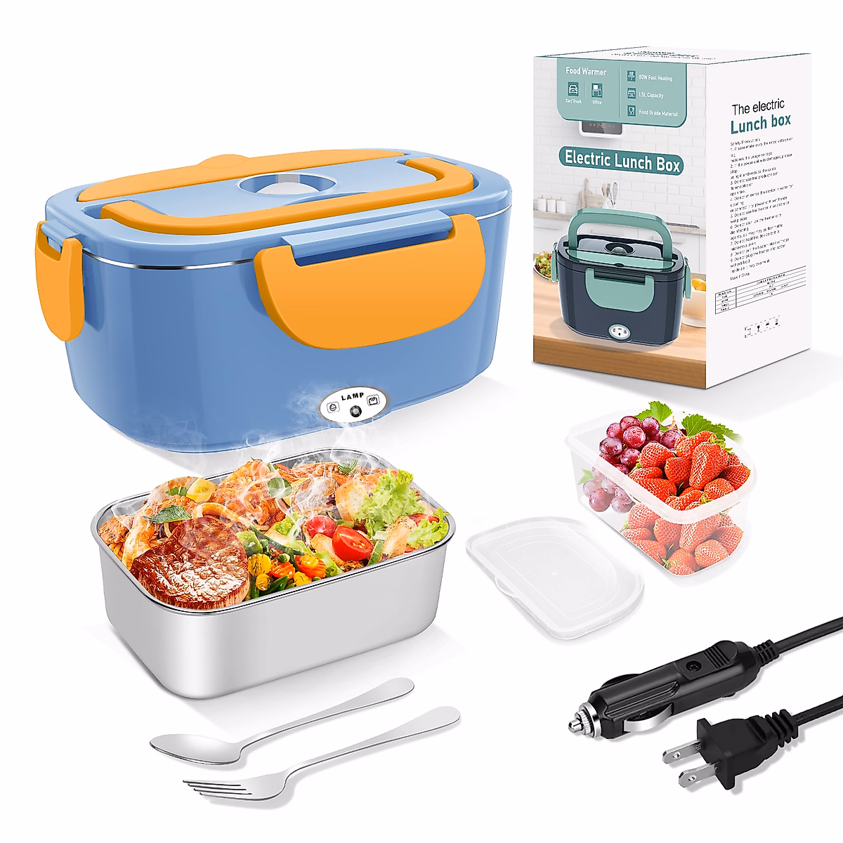 HOLDRUBY 75W Electric Lunch Box food heated 3 In 1 Portable Food Warmer Heater for Car/Truck/Home Heating Lunch Box with 1.5L 304 SS Container, Fork Spoon & Bag (Light Blue+Yellow)