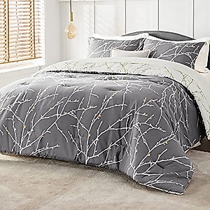 Bedsure Queen Comforter Sets - Bed in a Bag Queen 7 Pieces, Grey Flroal Reversible Bed Set Tree Branch Pattern Printed with Comforters Queen Size, Sheets, Pillowcases & Shams