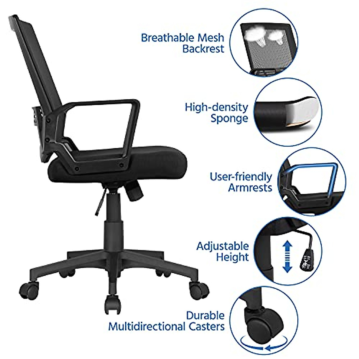 Yaheetech Office Desk Chair Mesh Computer Chair Rolling Executive Chair Mid Back Adjustable Desktop Chair with Lumbar Support Swivel Task Chair for Women Adults and Students, Black