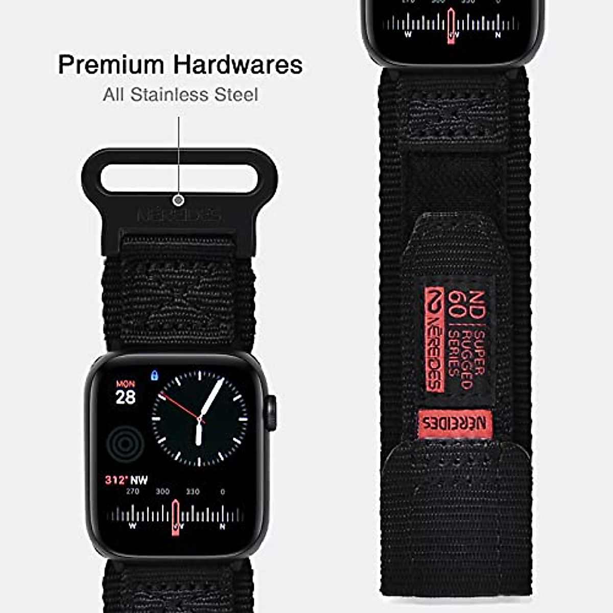 Nereides Compatible with Apple Watch Band Series 8/7/6/5/4/3/2/1/SE, Nylon Sports Strap with Woven Design for 42mm/44mm/45mm 38mm/40mm/41mm ( L, Black)