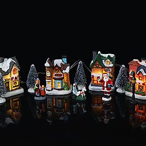 SEWACC 1Set Luminous House Ornament Christmas Cabin Decor Light up Christmas Village Santa Claus Ornaments Home Decorations Xmas Party Decor Desktop Resin Wooden House