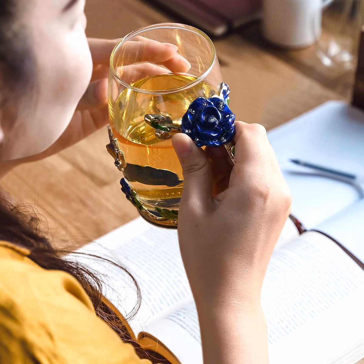 YHRJWN - Gifts for Women, Enamel Flower Butterfly Tea Cup, Tea Mugs for Women Mom Friends Sister, Mothers Day Birthday Christmas Valentines Day Gifts for Women Her 12 Oz with Spoon Gift Box(Blue Rose)