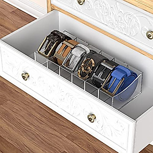 KDSKSC Belt Organizer, Acrylic Belt Storage Holder for The Closet and Drawer, 6 Compartments Belt Container Clear Display Case for Tie and Bow Tie