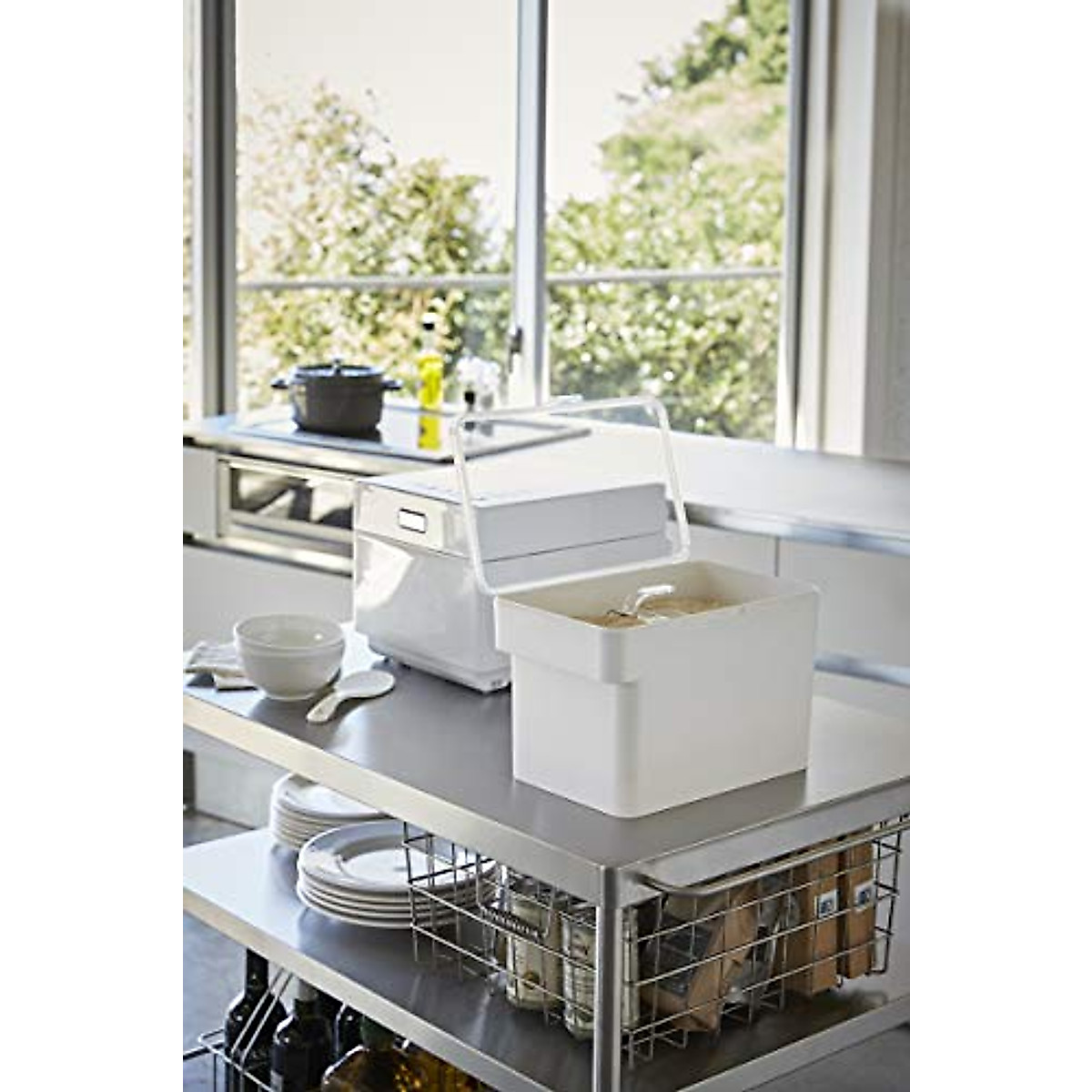 YAMAZAKI home Tower Rice Storage with Scoop Cut-Out(Includes Measuring Cup) WH Space saving, One Size, White