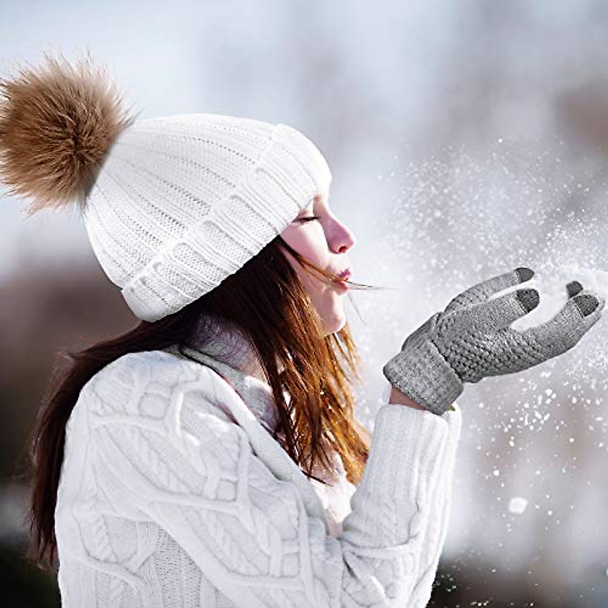 4 Pieces Winter Hat and Gloves Set Women Beanie Hat Gloves Skull Cap Touchscreen Gloves for Women Girl Lady Couple (White and Grey)