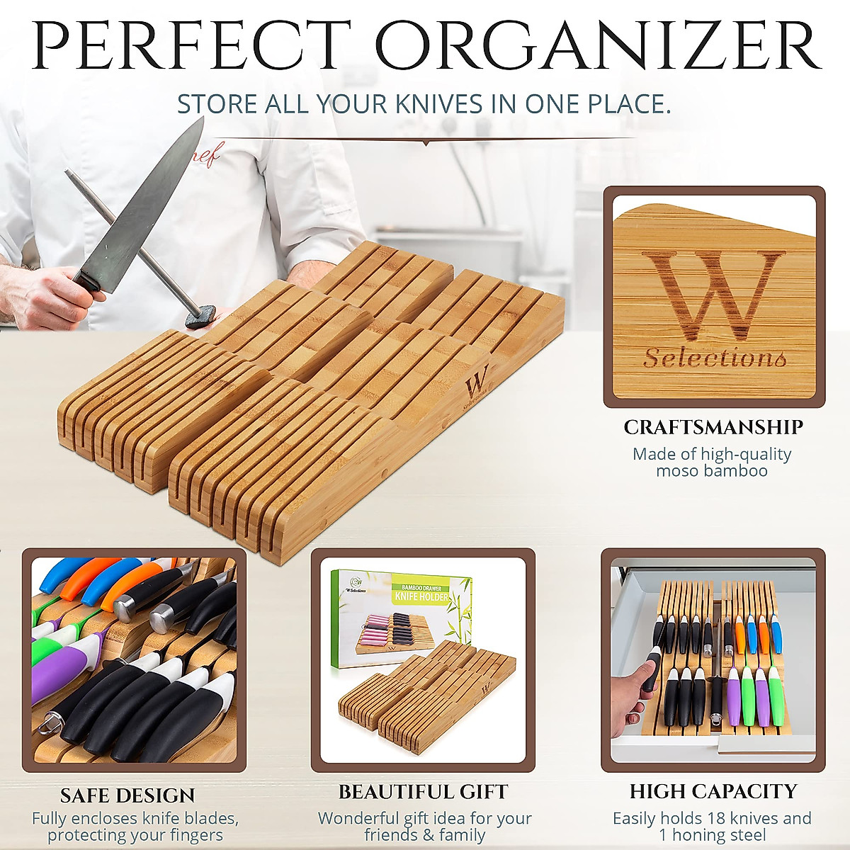 W Selections Bamboo Knife Drawer Organizer Insert - Kitchen Storage Holder for [18~26 Knives & 1~2 Honing Steel] Organization - Saves Countertop Space & Made of Premium Quality Moso Bamboo
