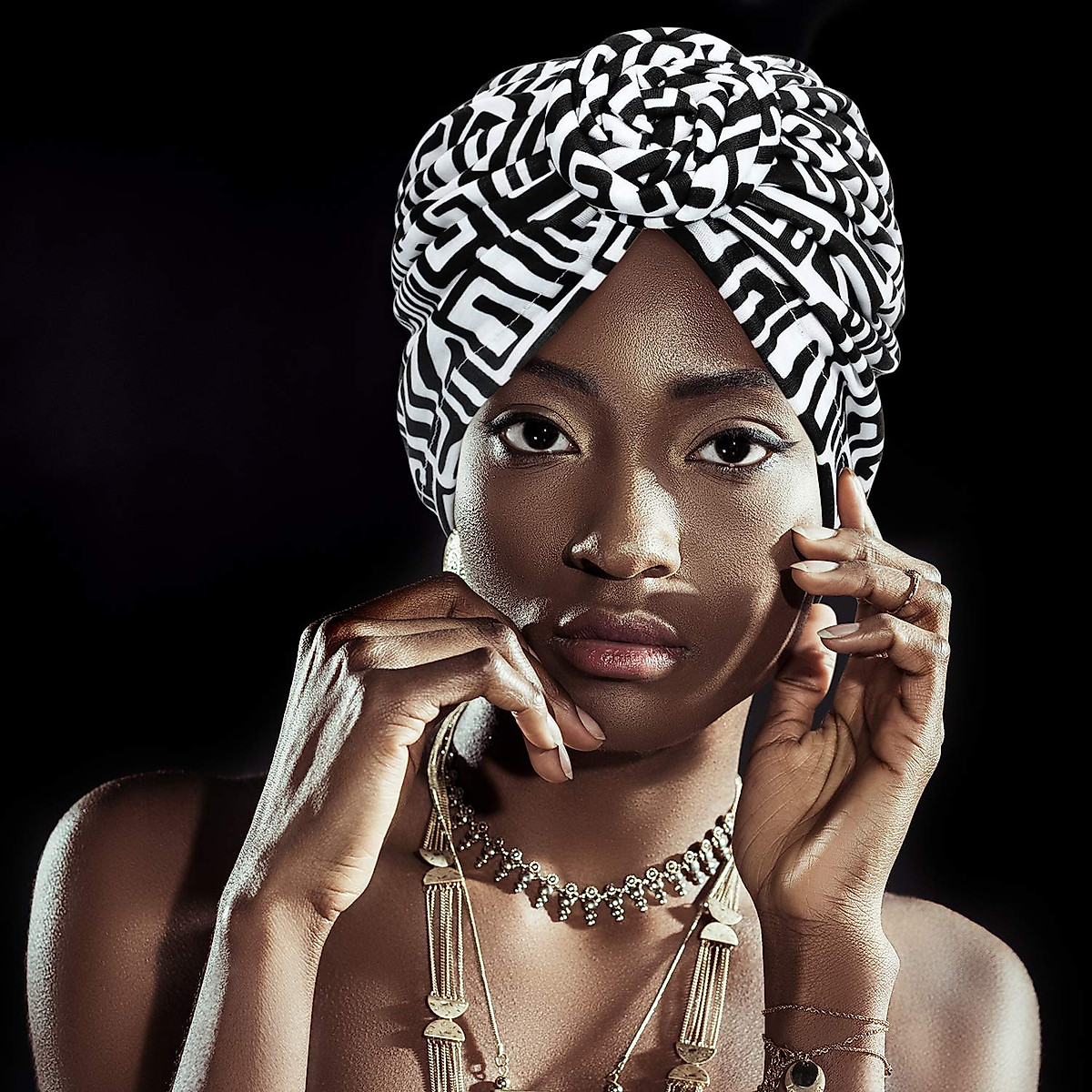 SATINIOR 3 Pieces African Turban for Women Knot Pre-Tied Bonnet Beanie Cap Headwrap (Black Orange Pink Geometry)