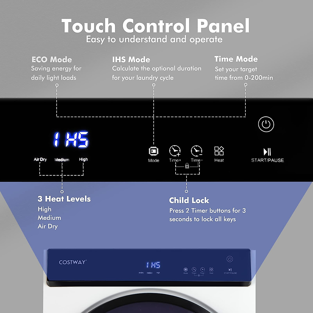 LDAILY 8.8 LBS Compact Dryer, 1400W Electric Clothes Dryer with 3 Heating Options, ECO & IHS Mode, Compact Laundry Dryer with Stainless Steel Tub, Multi-layer Filtration for Home, Apartment, Dorms, White