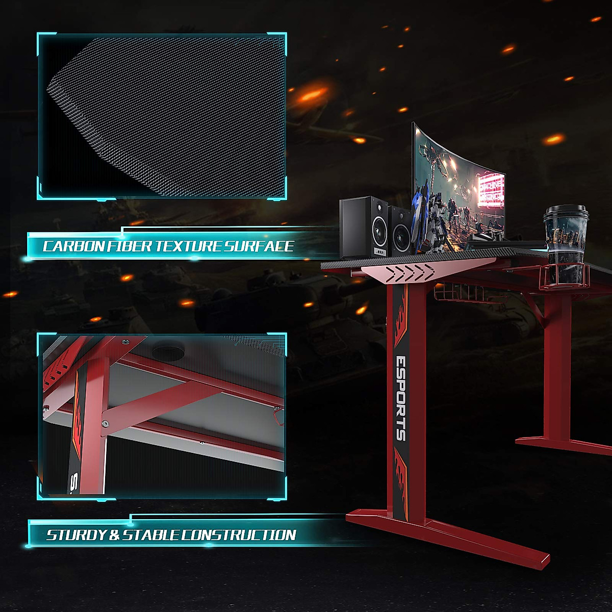 Foxemart Gaming Desk 55 inch PC Gaming Desk, Game Computer Desk Workstation, T-Shaped Professional Gaming Desk, Home Office Computer Table with Cup Holder & Headphone Hook