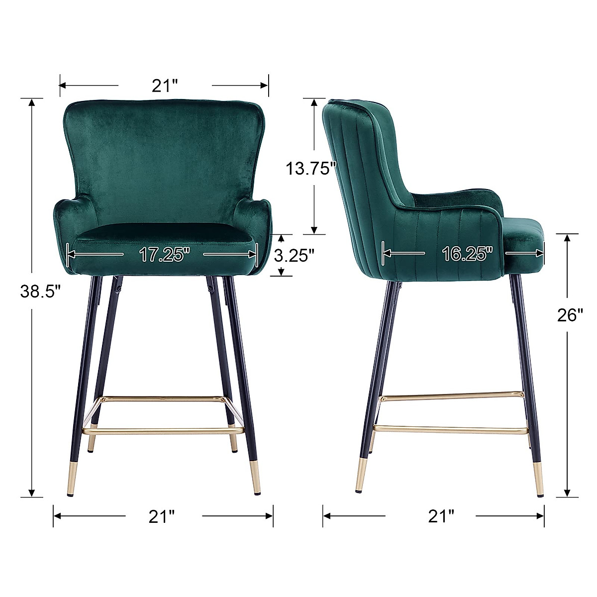 QUINJAY 26" Green Counter Height Bar Stools Set of 2, Velvet Upholstered Gold Bar Stools with Wing Back, Modern Kitchen Island Bar stools with Footrest High Dining Chairs for Dining Room Home Pub