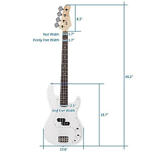 RMKOLE Full Size 4-String Electric Bass Guitar Burning Fire Style Fashion White, Comfortable Hand Feeling, Stylish Outlook, Stable Performance and Melodious Sound