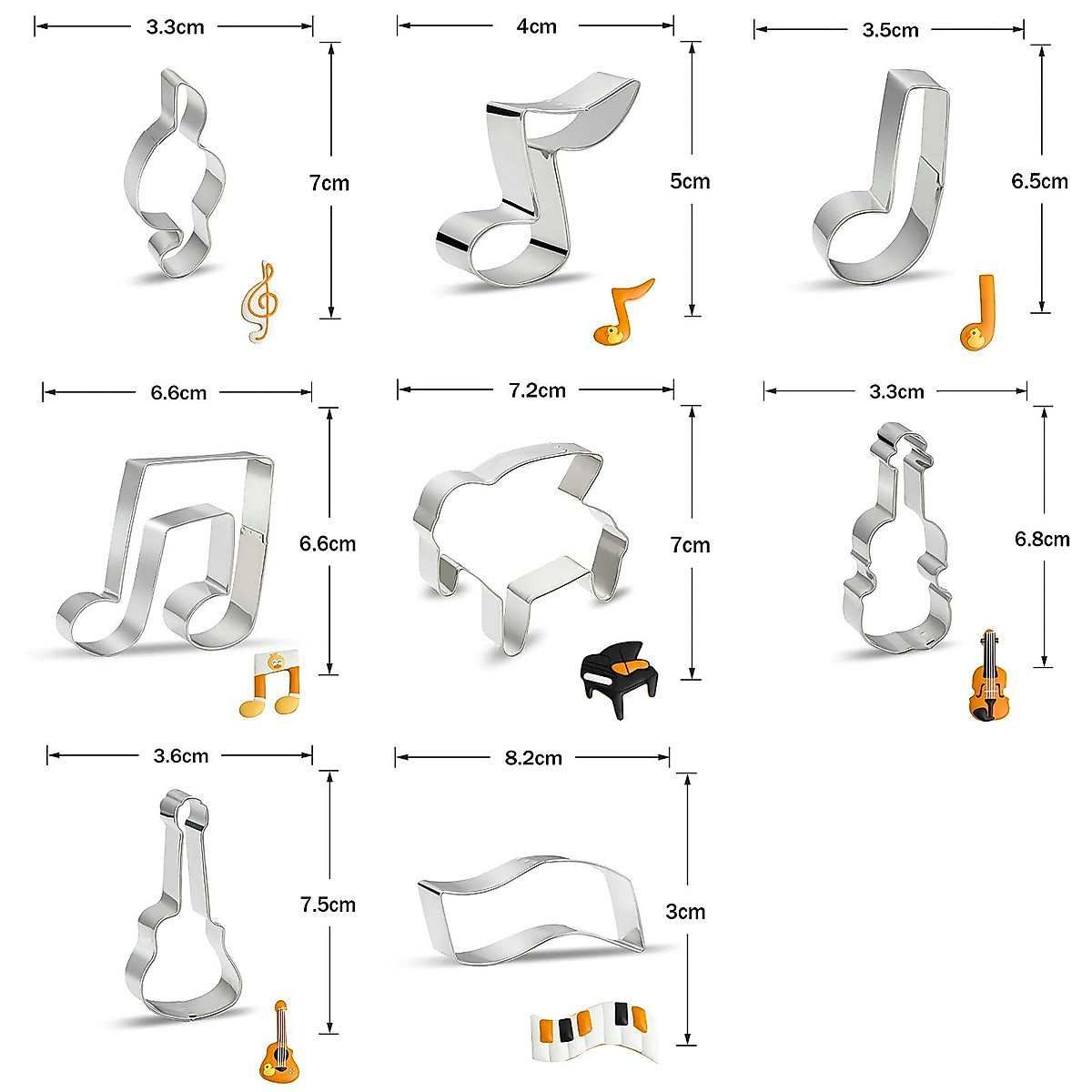 Music Note Cookie Cutter Shapes Set - 8 Pieces Stainless Steel Metal G Clef, Eighth Note, a Quarter Note, Piano, Violin, Guitar, Piano Keyboard Musical Instruments Biscuit Fondant Cookie Cutters Molds