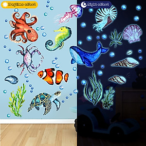 52 Pieces Glowing Wall Stickers Sea Turtle Wall Decals Ocean Creature Wall Stickers Waterproof Ocean Wall Sticker PVC Sea Animals Wall Stickers for Kids Room Living Room Nursery Bathroom Decoration