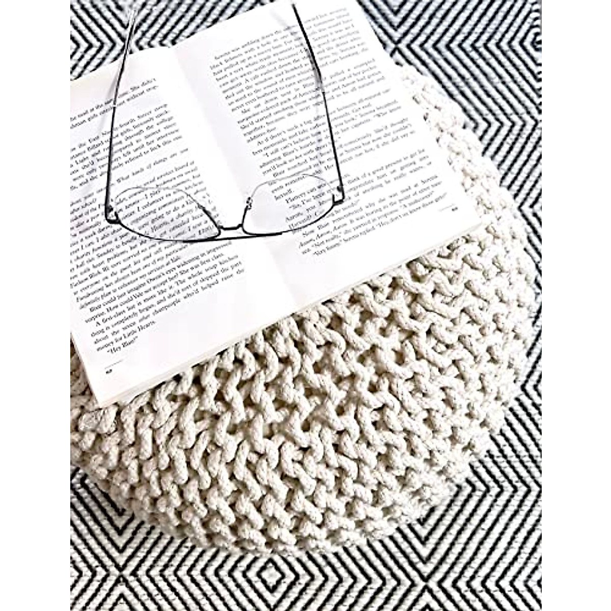 FRELISH DECOR Round Pouf Ottoman Hand Knitted Cotton Poufs Footrest,Foot Stool, Knit Bean Bag Floor Chair for Bed Room Living Room | Accent Seat | Boho Decor | Stuffed Pouffe (20x20x14 Inch, Natural)