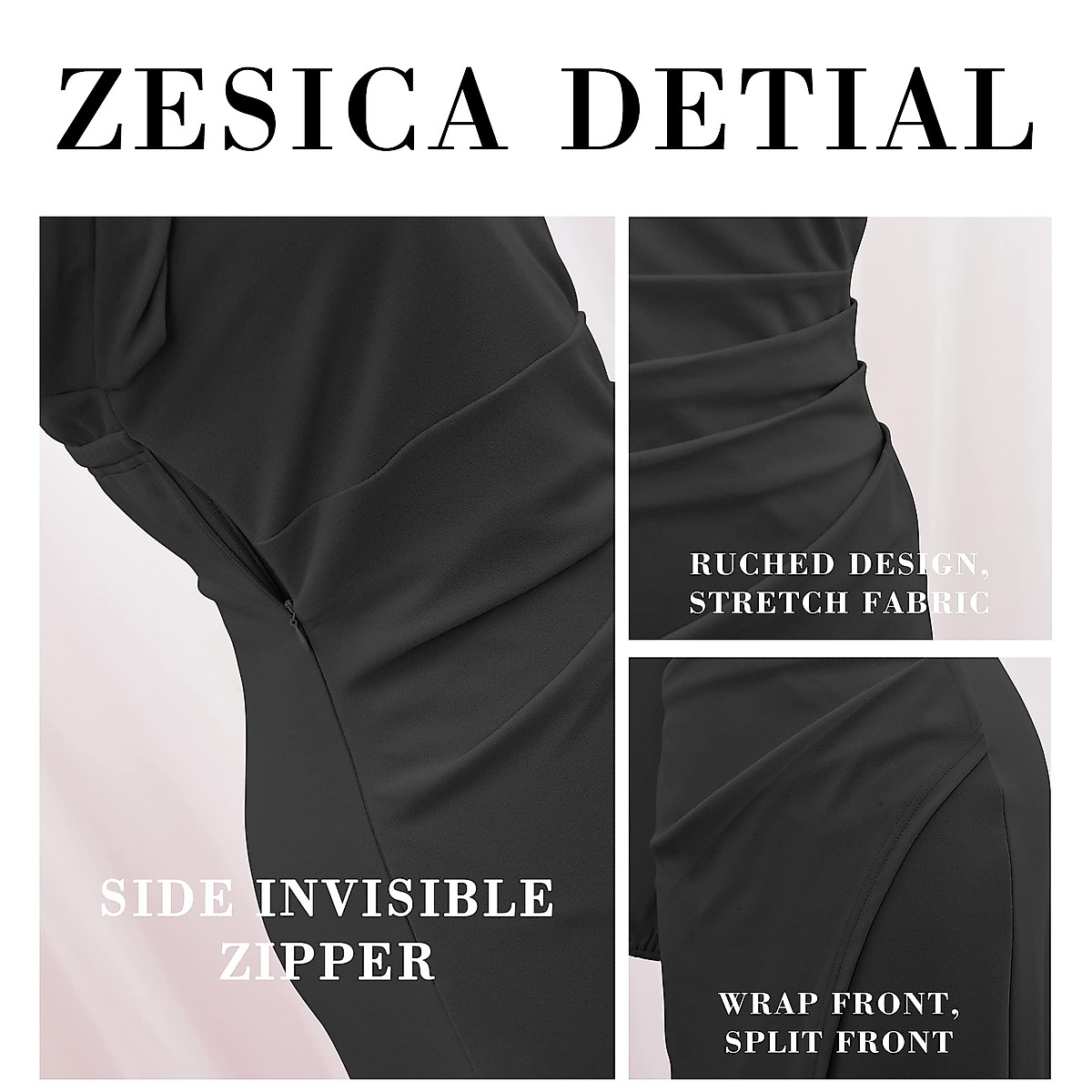 ZESICA Women's 2024 One Shoulder Long Sleeve Cocktail Dress Sexy High Slit Ruched Bodycon Wedding Guest Maxi Dresses,Black,Small