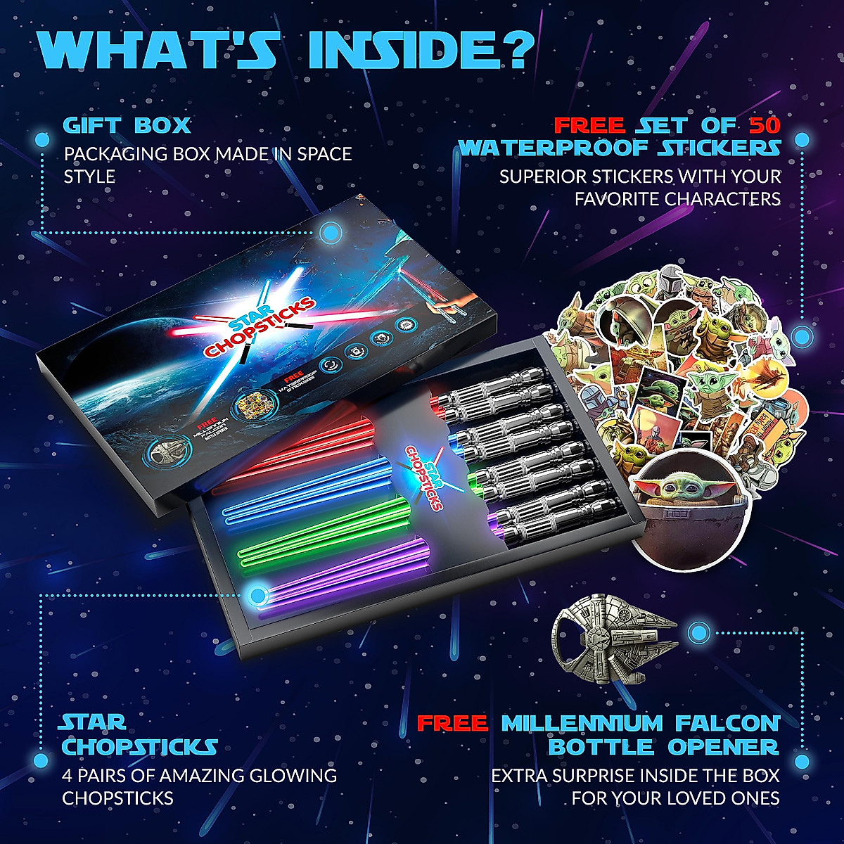 STAR CHOPSTICKS | FREE BOTTLE OPENER | 4 PAIRS DARK BOX | Lightsaber Chopsticks | Star Gifts and Toys for Kids | LED Light Up Reusable Safe Chopstick (4 PAIRS SET NEW)
