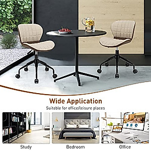 Giantex Home Office Desk Chair, 360° Swivel Height Adjustable Office Chair w/PU Leather, Modern Office Chair, Ergonomic Curved Wood Desk Chairs, Leather Armless Task Chair for Office, Beige & Brown