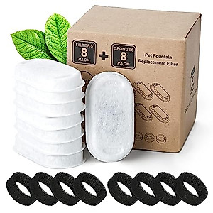 16 Pcs Cat Water Fountain Filters, Replacement Filters for 3.2L/108oz Stainless Steel Pet Fountain Carbon Filters for Automatic Dog Water Dispenser 8pcs Carbon Filters + 8pcs Sponges