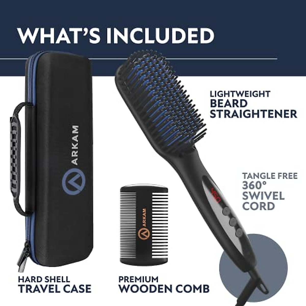 Arkam Beard Straightener for Men -Premium Heated Beard Brush Kit w/ Anti-Scald Feature, Dual Action Hair Comb and Hard Shell Travel Case for Medium to Long Beards - Costume and Grooming Gifts for Men