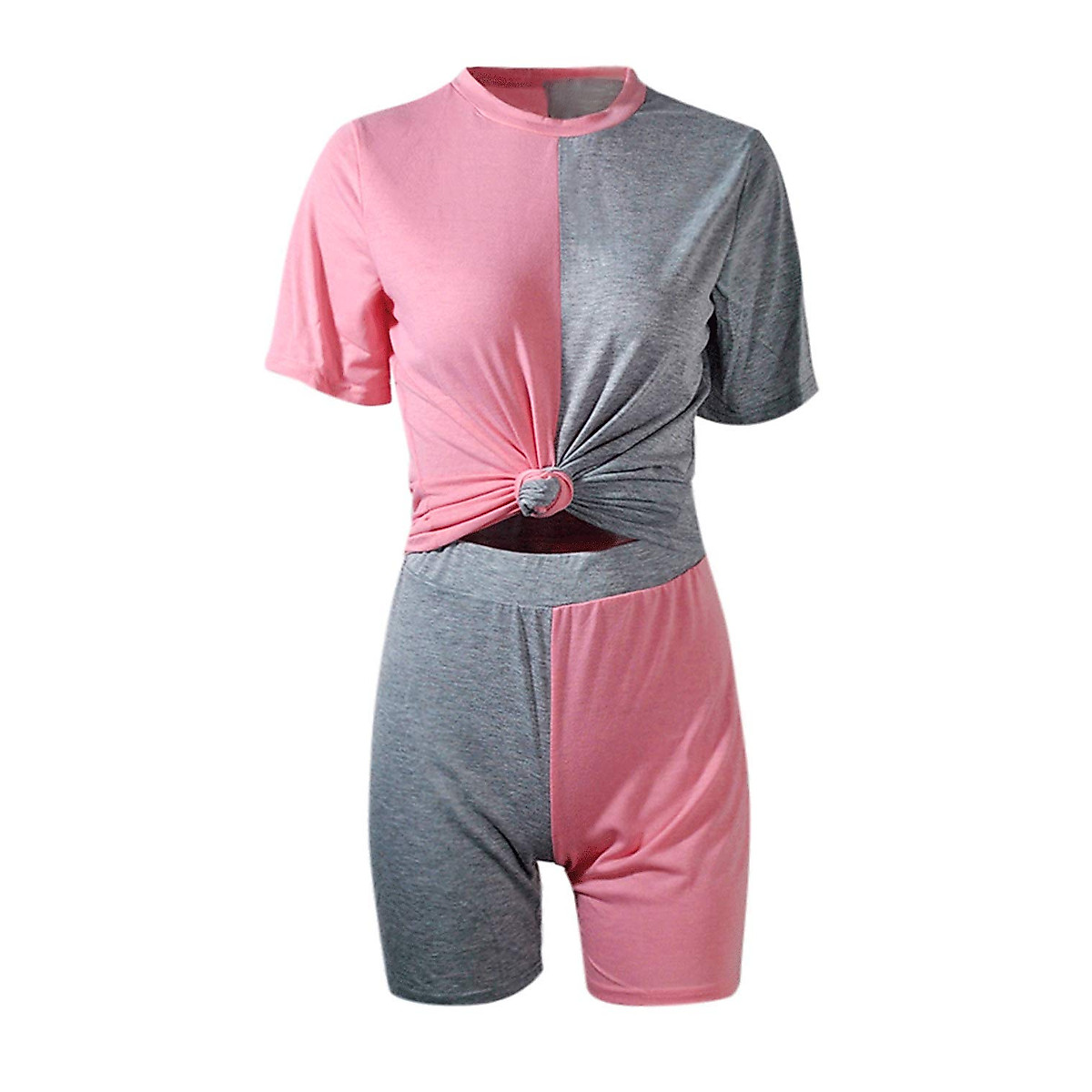 KANSOON Womens 2 Piece Outfits Color Contrast Crew Neck Top and Tight Biker Shorts Summer Set Pinkgrey XL