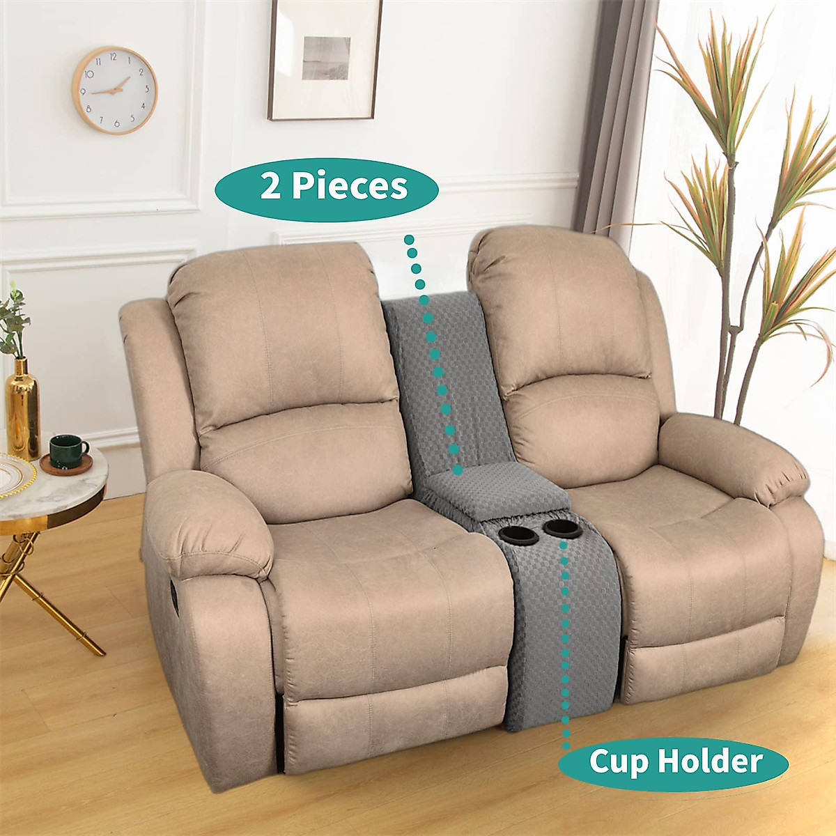 YEMYHOM Additional Recliner Console Cover for Couch with Cup Holder and Storage, Latest Jacquard Middle Reclining Console Slipcover Fitted Furniture Protector with Elastic Bottom (Light Gray)