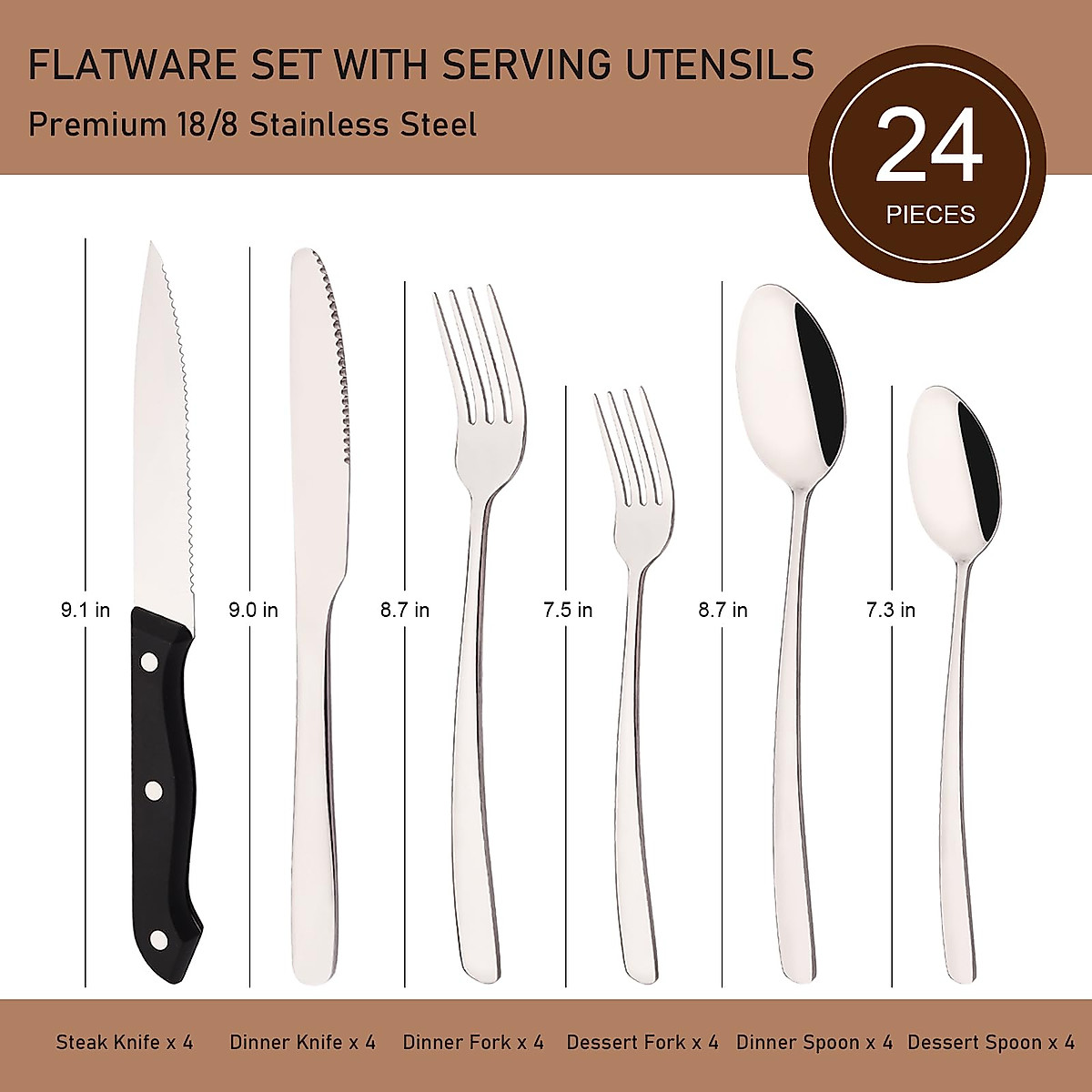 Flatware Set For 4 With Steak Knives, Uniturcky 24 Pcs 304 (18/8) Stainless Steel Silverware Cutlery Utensils Sets, Mirror Finished Forks Spoons and Knives Set, Dishwasher Safe