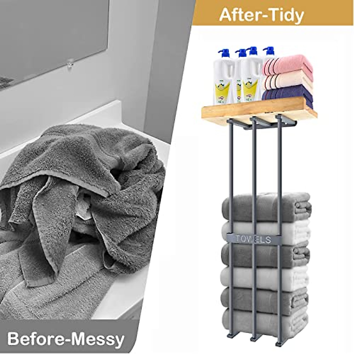 HTCBF Wall Towel Rack for Rolled Towels with Shelf,Upgrade 3 Bar Towel Racks for Bathroom Wall Mounted,Metal Towel Holders with Wooden Shelf,Bath Towel Holder for Folded Large Towel Washcloths