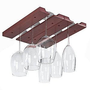 Rustic State 2 Sectional Adjustable Under Cabinet Mount Wood Stemware Rack Hanging Shelf Glassware Holder Bar Organizer with up to 6 Wine Glass Storage 11 Inch Deep Mahogany