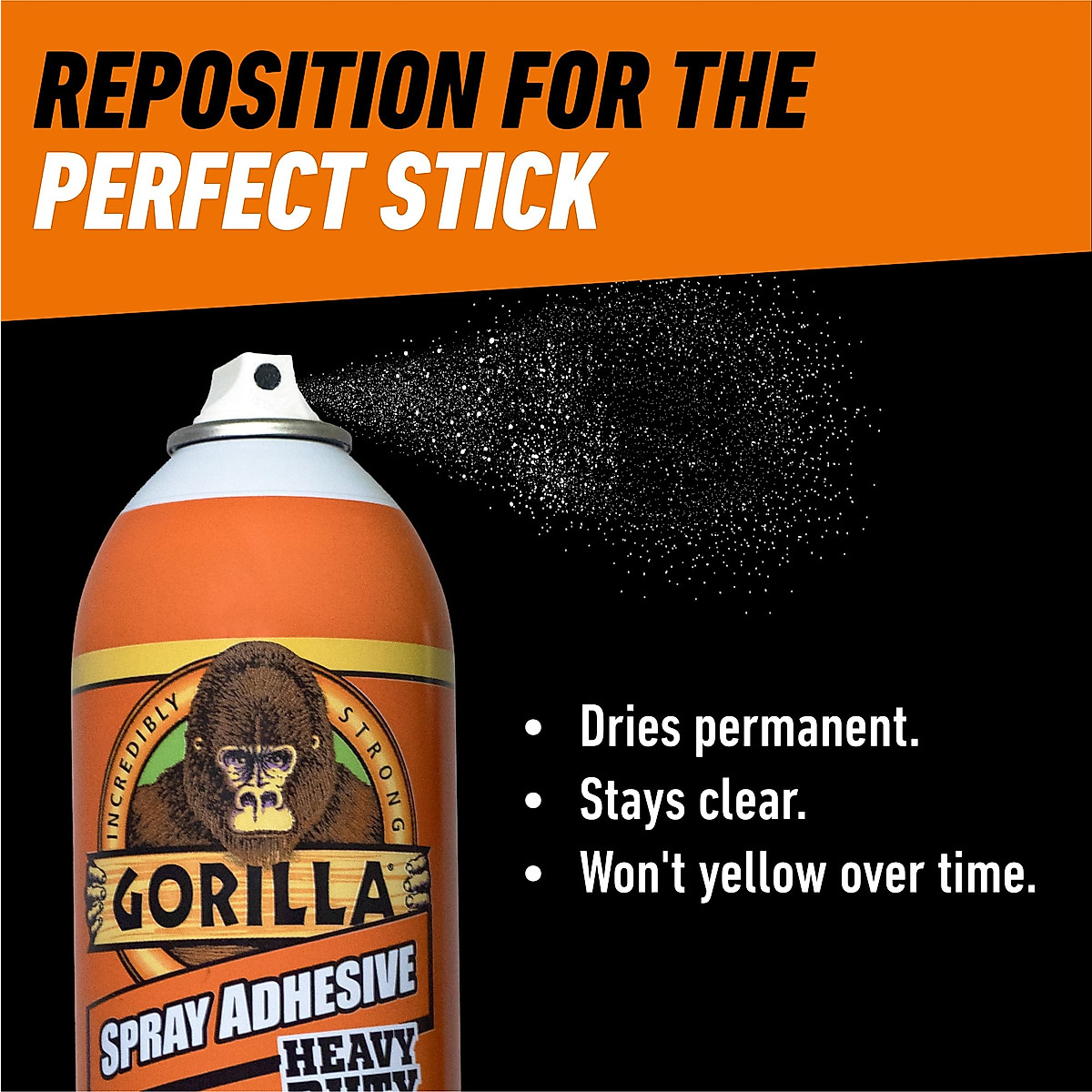 Gorilla Heavy Duty Spray Adhesive, Multipurpose and Repositionable, 14 Ounce, Clear, (Pack of 1)